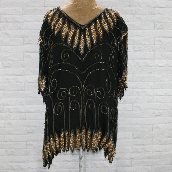 Vintage | Tops | Vintage Joseph Lebon Tunic Mini Beaded Sequin Gold ...
